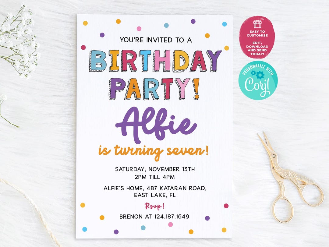 Colorful Birthday Party Invitation: Any Age, Boy or Girl (digital ...