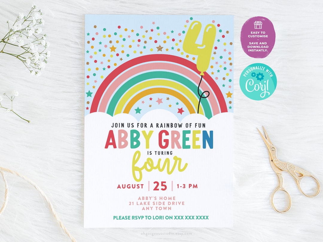 Faire-part 4e anniversaire | Invitation colorée de fête arc-en-ciel ...