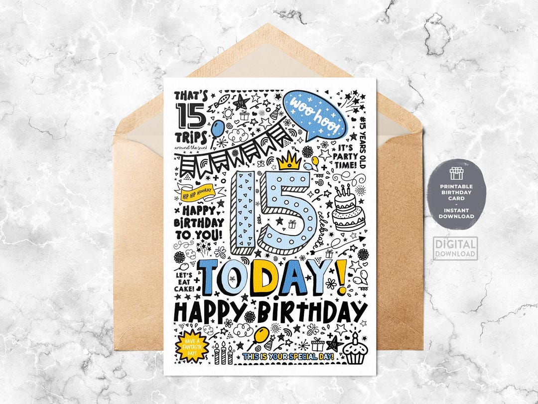 Printable 15th Birthday Card: Doodle Style Design Instantly ...