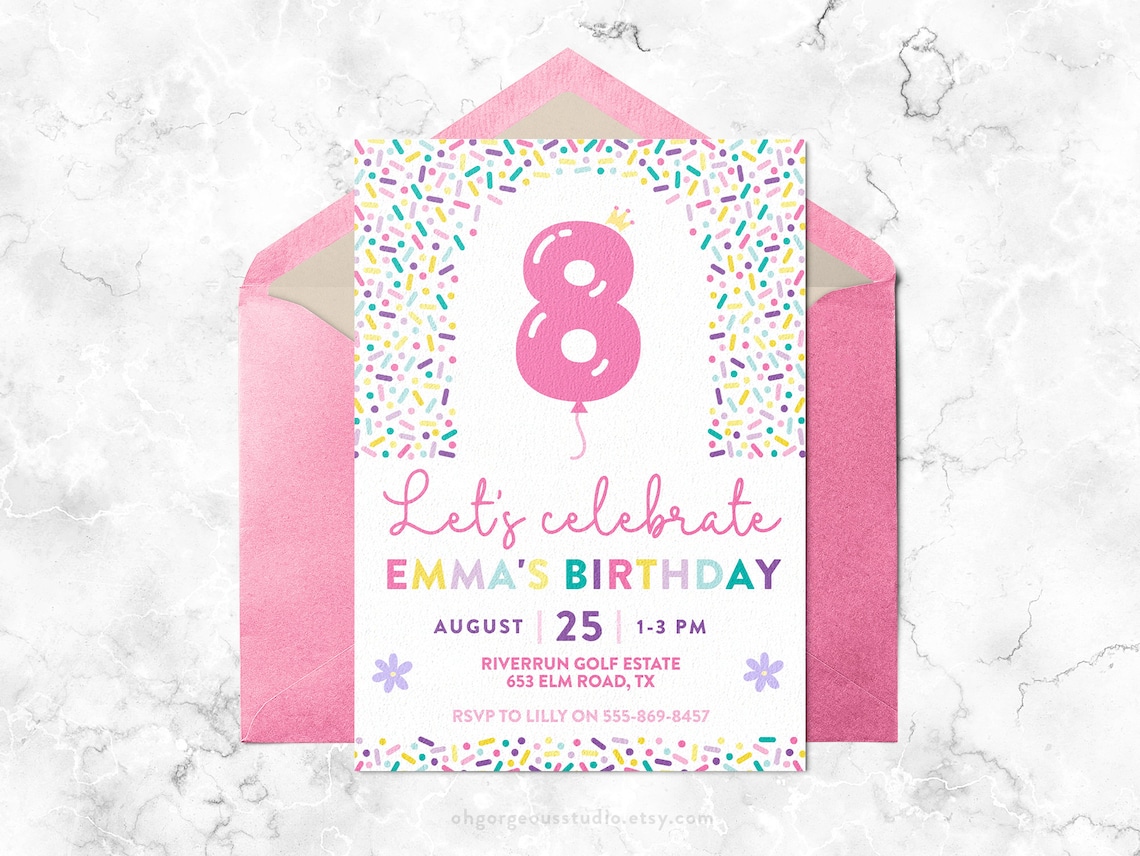 8th Birthday Invitation Editable Party Invite Confetti - Etsy
