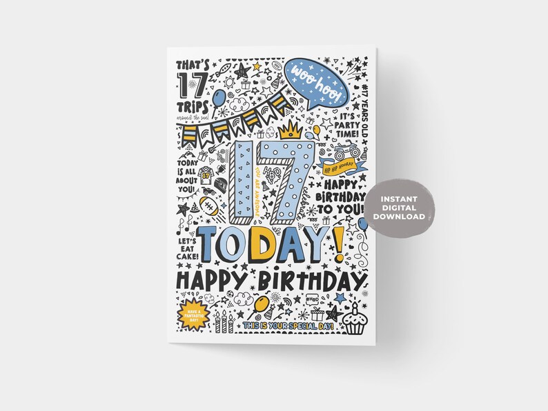 Printable 17th Birthday Card: Fun Doodle Style (digital Download) - Etsy