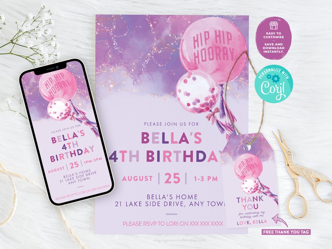 4th Birthday Invitation | Printable Birthday Invitation, Purple Invite ...