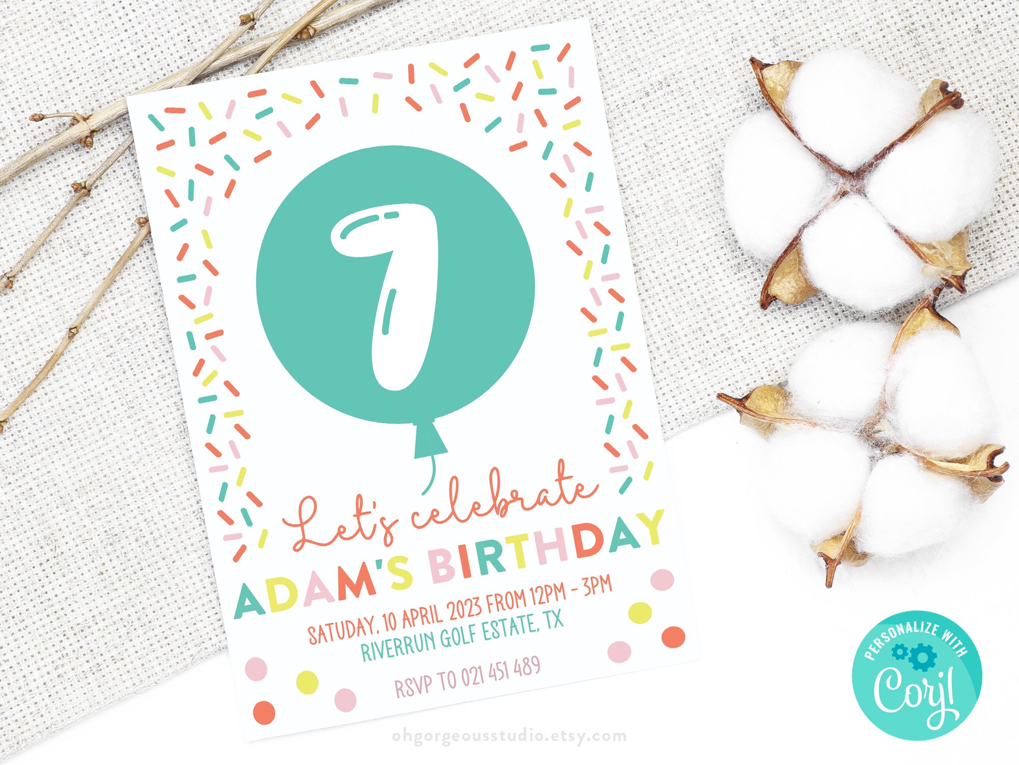 7th Birthday Confetti Invitation: Editable Balloon Party Invite (corjl ...