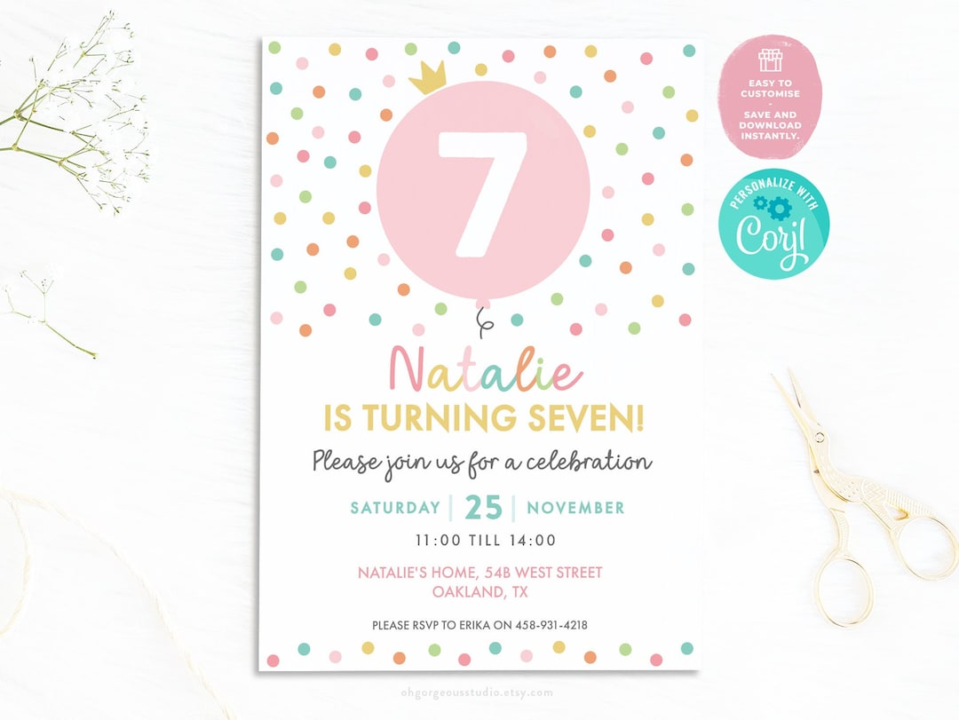 7th Birthday Invitation | Modern Pastel Printable Invite for Girl, Boho ...