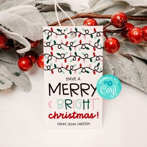 Printable Christmas Lights Gift Tag, Merry and Bright Tag, Cute String ...