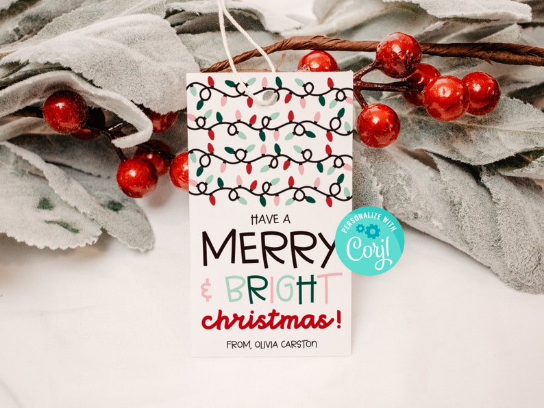 Printable Christmas Lights Gift Tag, Merry and Bright Tag, Cute String ...