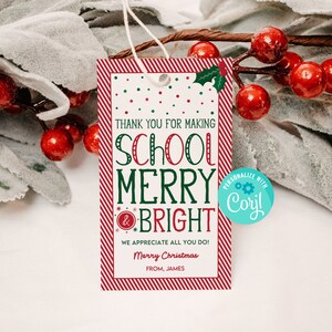 Merry & Bright School Gift Tag: Teacher Christmas Treat (editable With ...