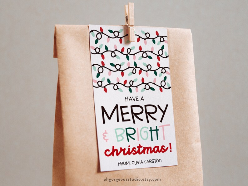 Printable Christmas Lights Gift Tag, Merry and Bright Tag, Cute String ...