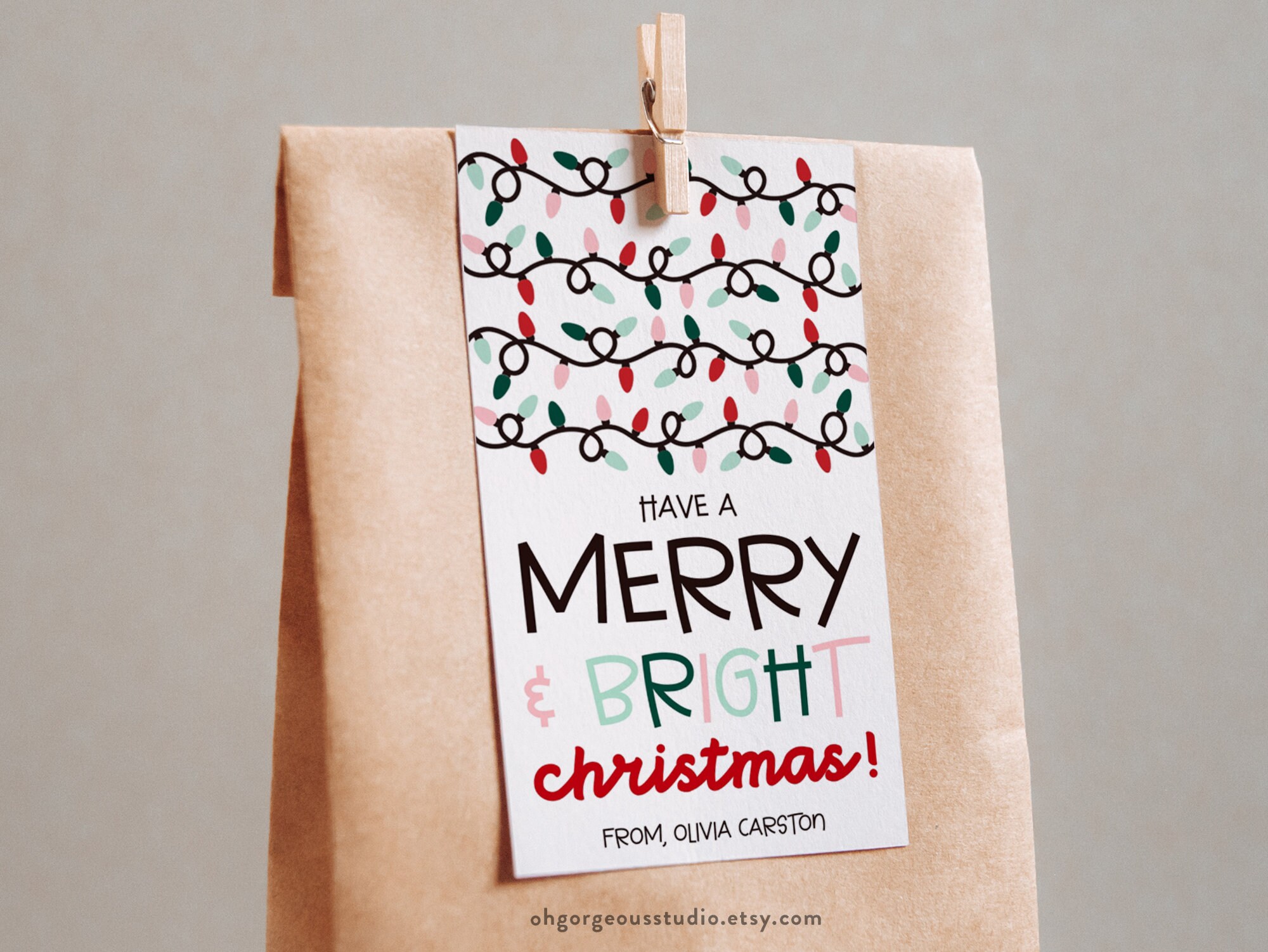 Printable Christmas Lights Gift Tag, Merry and Bright Tag, Cute String ...