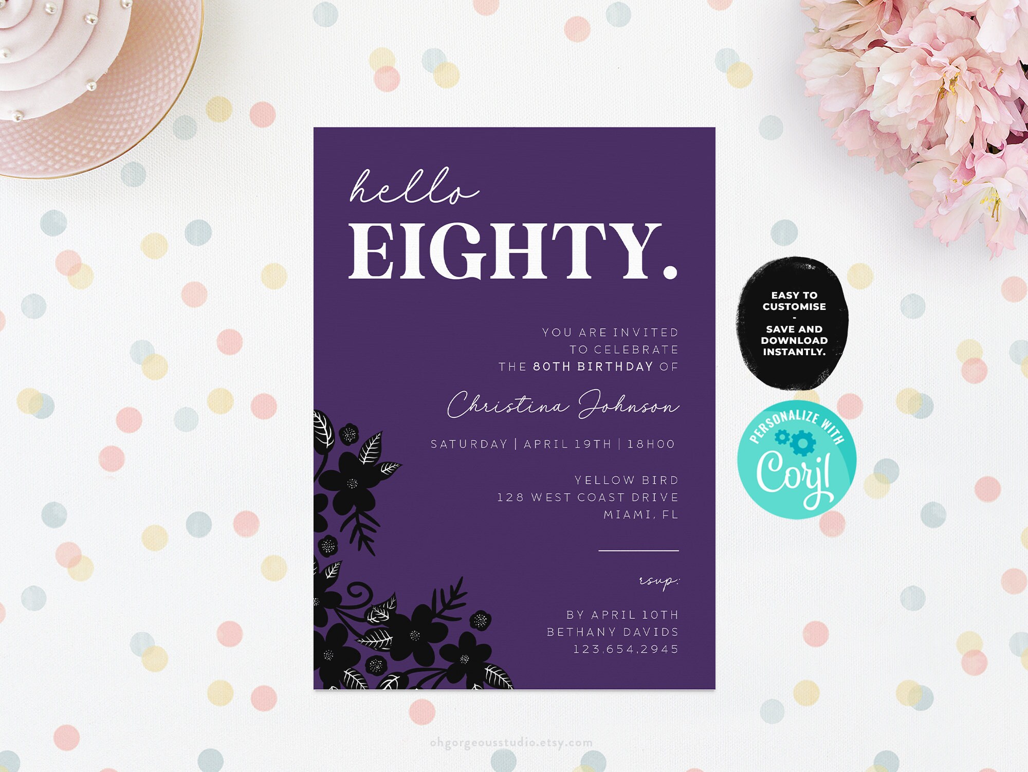 Editable 80th Birthday Invitation Template Hello Eighty Birthday Invite ...