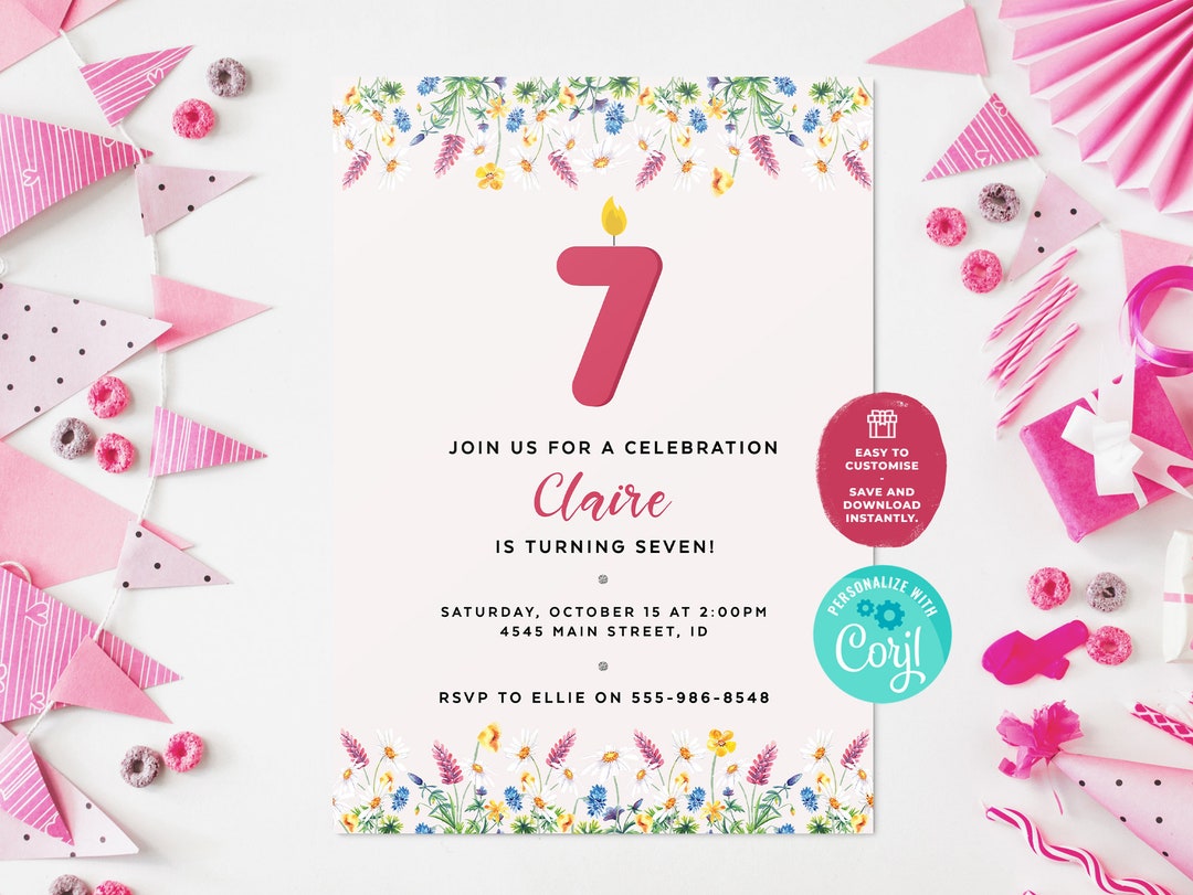 Floral 7th Birthday Invitation: Editable Printable Invite - Etsy