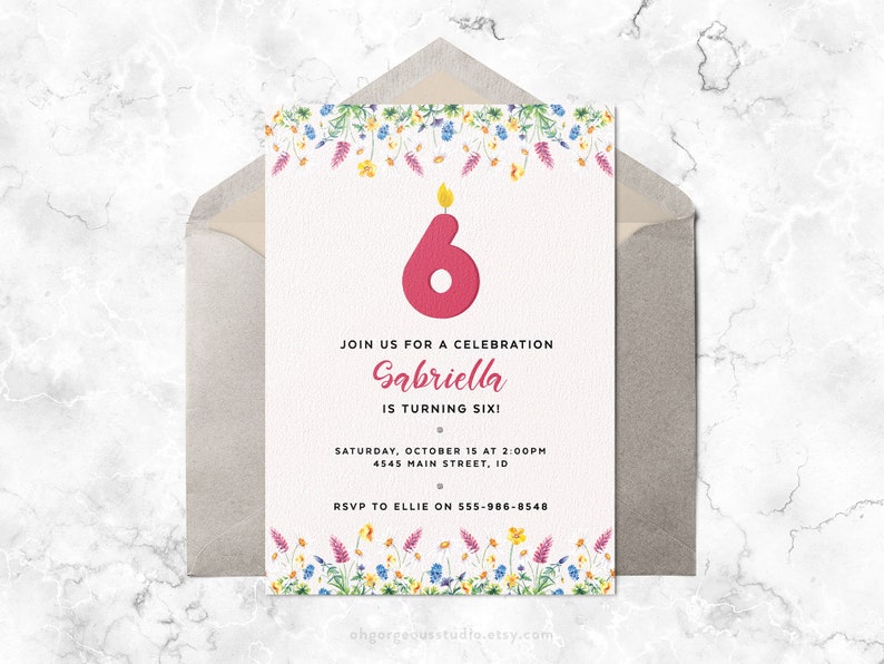 6th Birthday Party Invitation Editable Printable Flower - Etsy