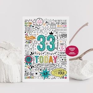 33rd Printable Birthday Card | 33 Today Birthday Downloadable Card ...
