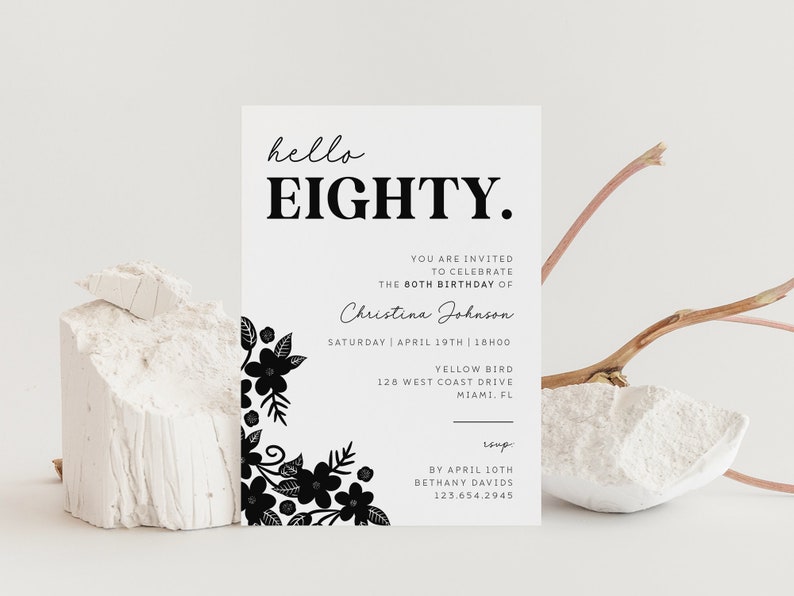 Editable 80th Birthday Invitation Template Hello Eighty Birthday Invite