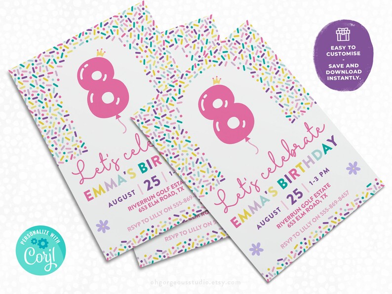8th Birthday Invitation Editable Party Invite Confetti - Etsy