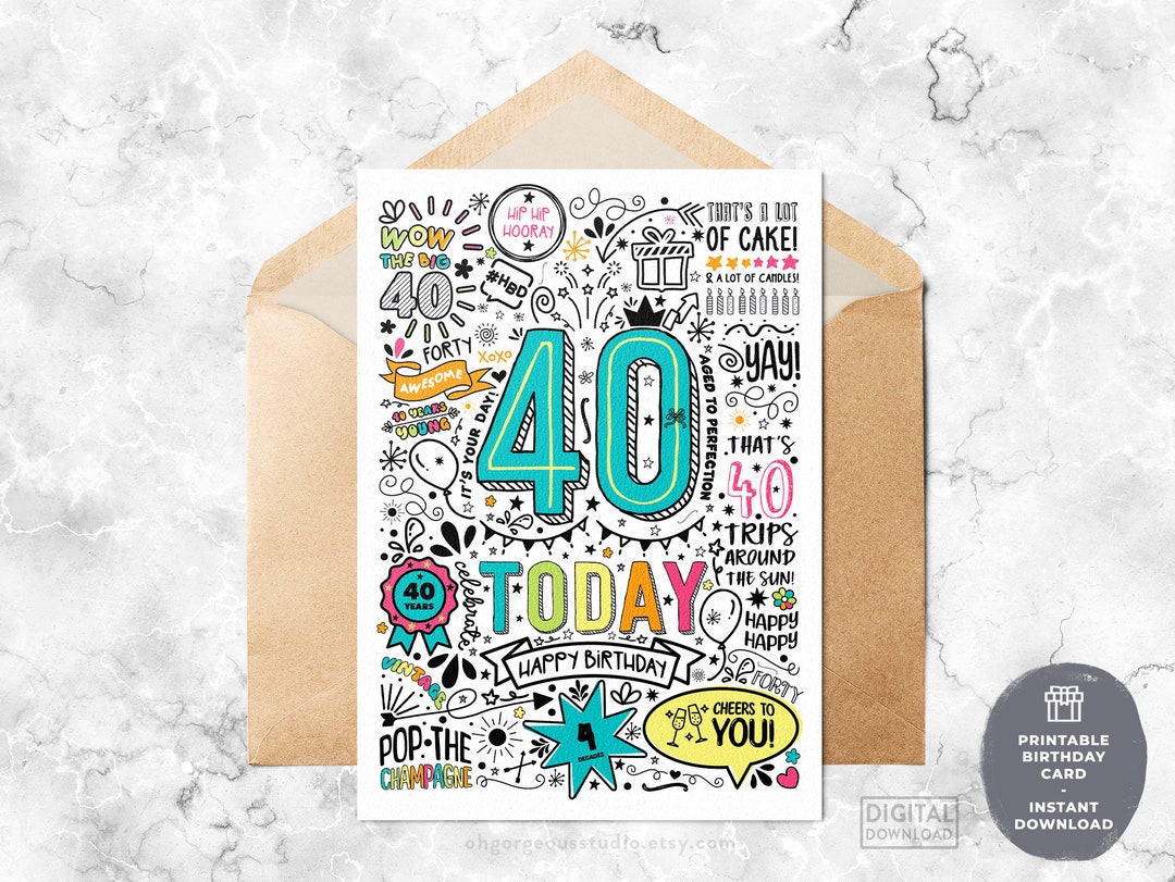 40th Birthday Card: Doodle Style Printable (digital Download) - Etsy