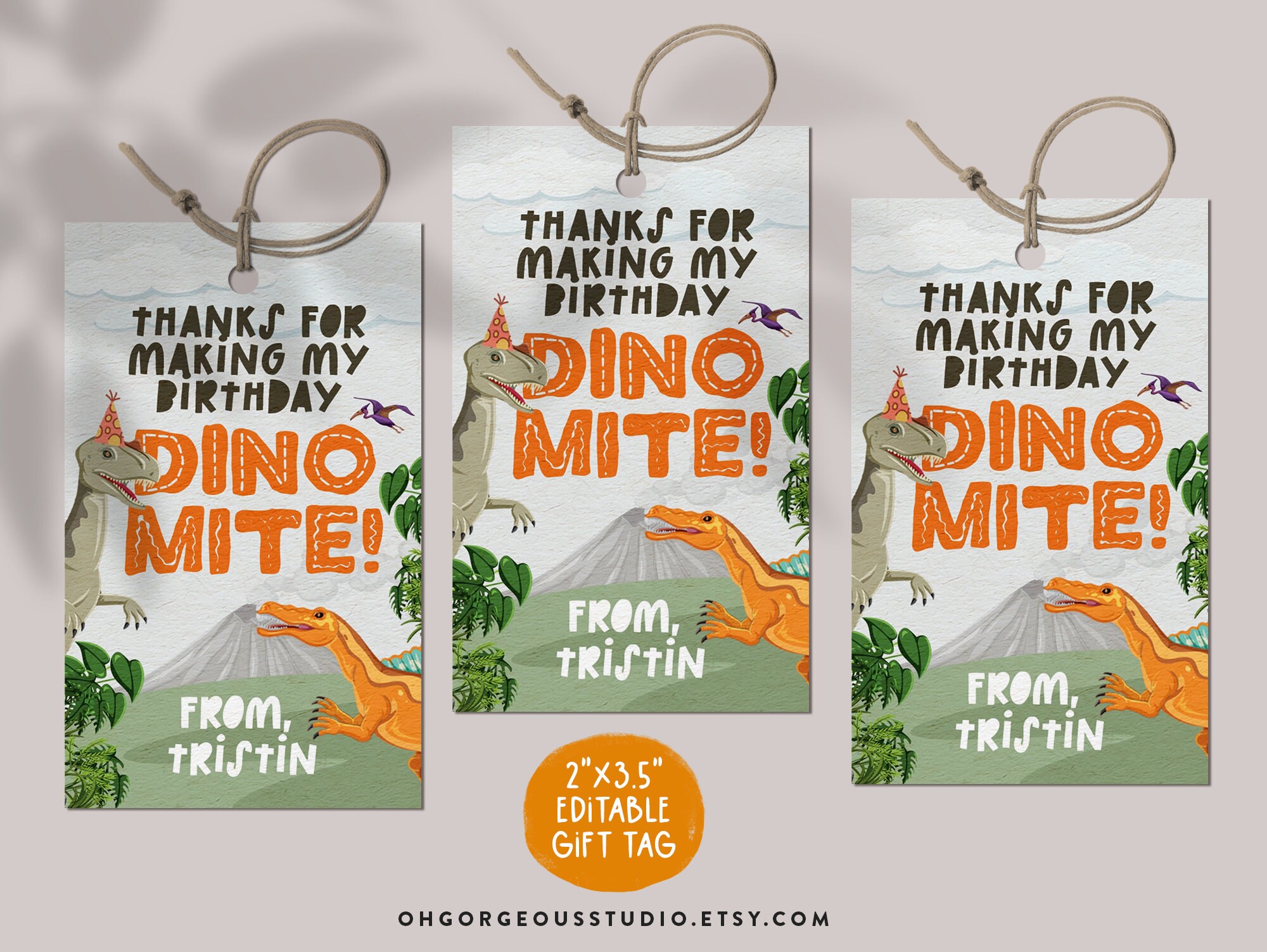 Dino Birthday Thank You Tags: Editable Dinosaur Party Favors (digital ...