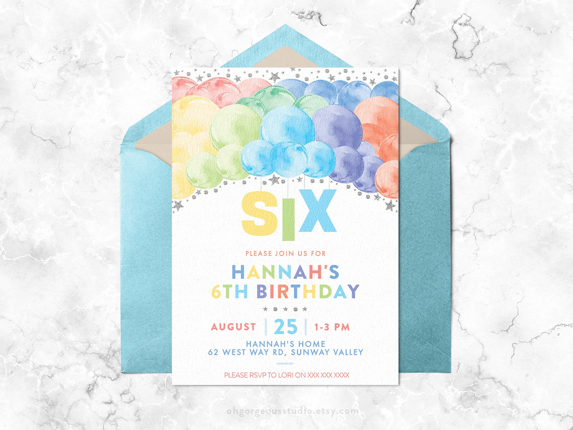 6th Birthday Invitation Balloon Arch Colourful Birthday Party Invite, 6 ...