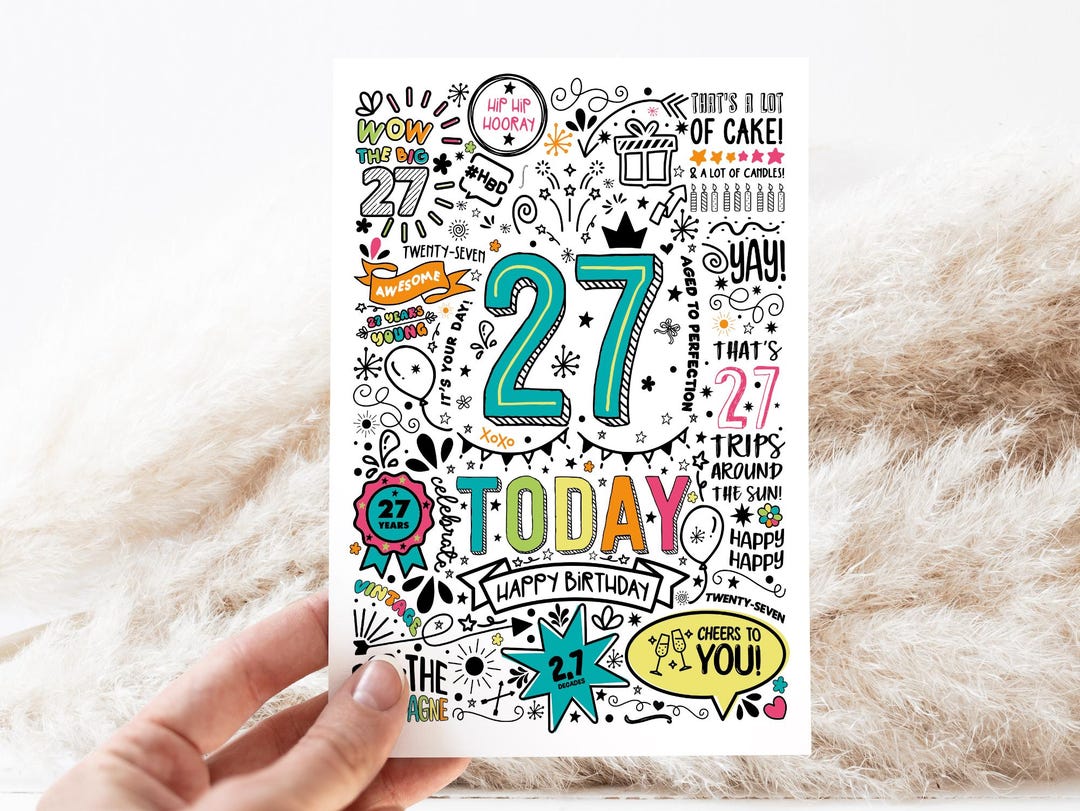 27th Birthday Card: Doodle Style Printable (digital Download) - Etsy