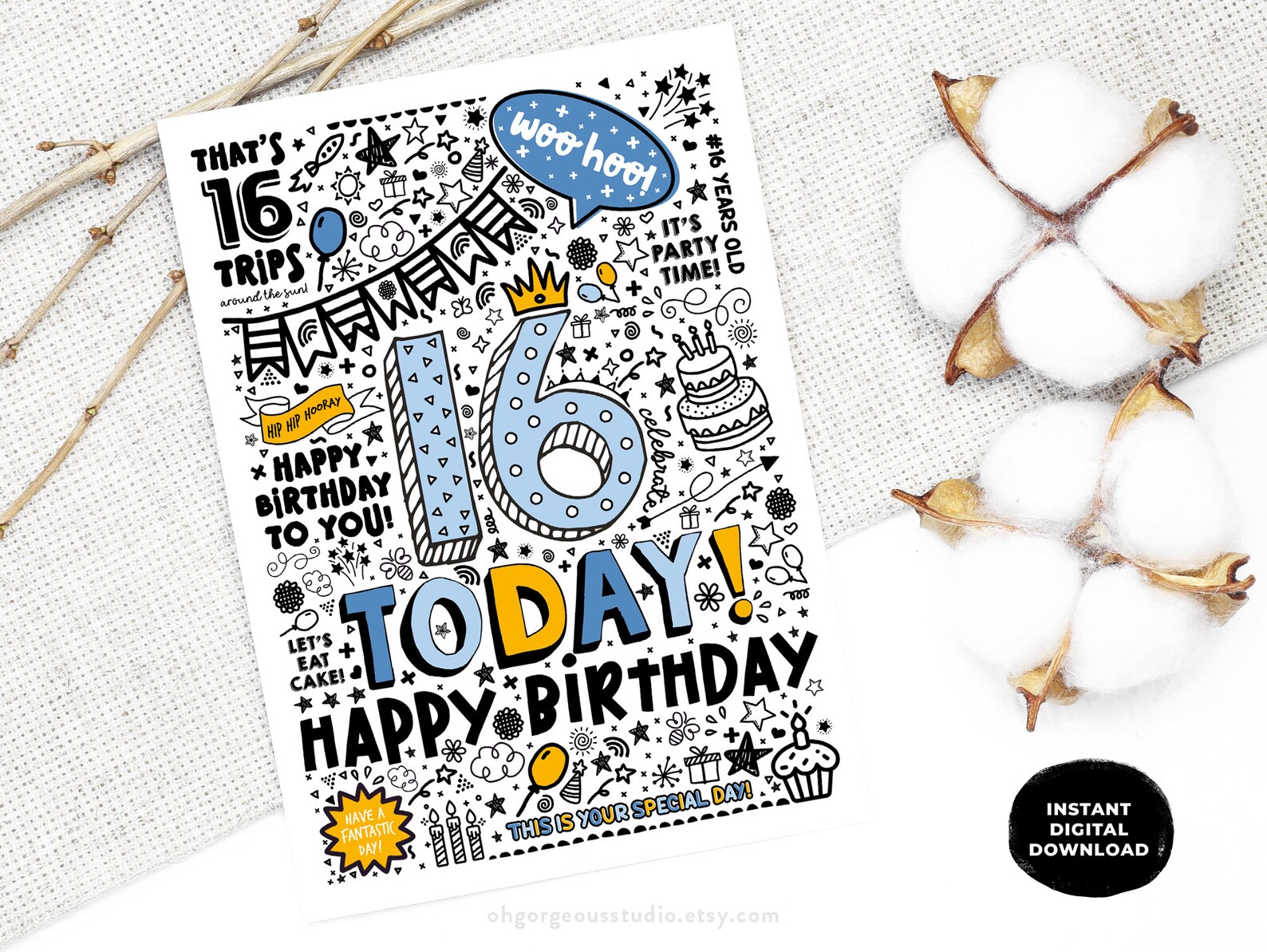 Printable 16th Birthday Card: Doodle Style (digital Download) - Etsy