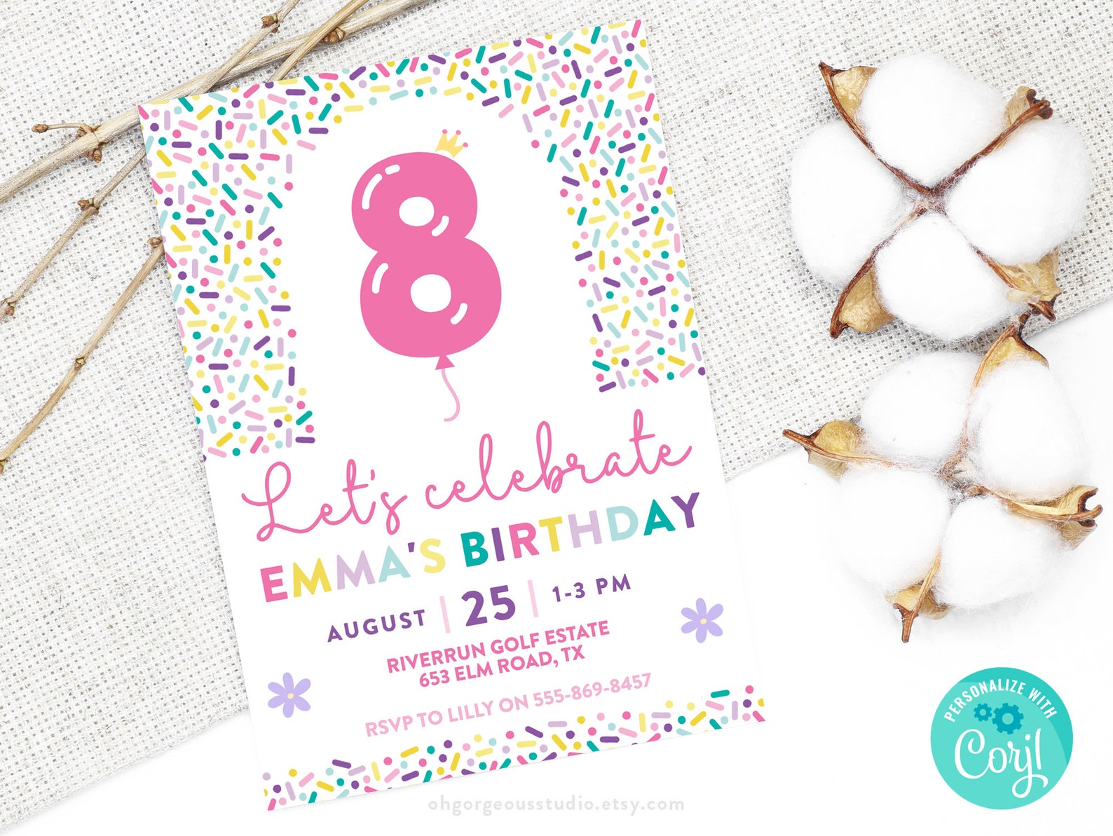 8th Birthday Invitation Editable Party Invite Confetti - Etsy