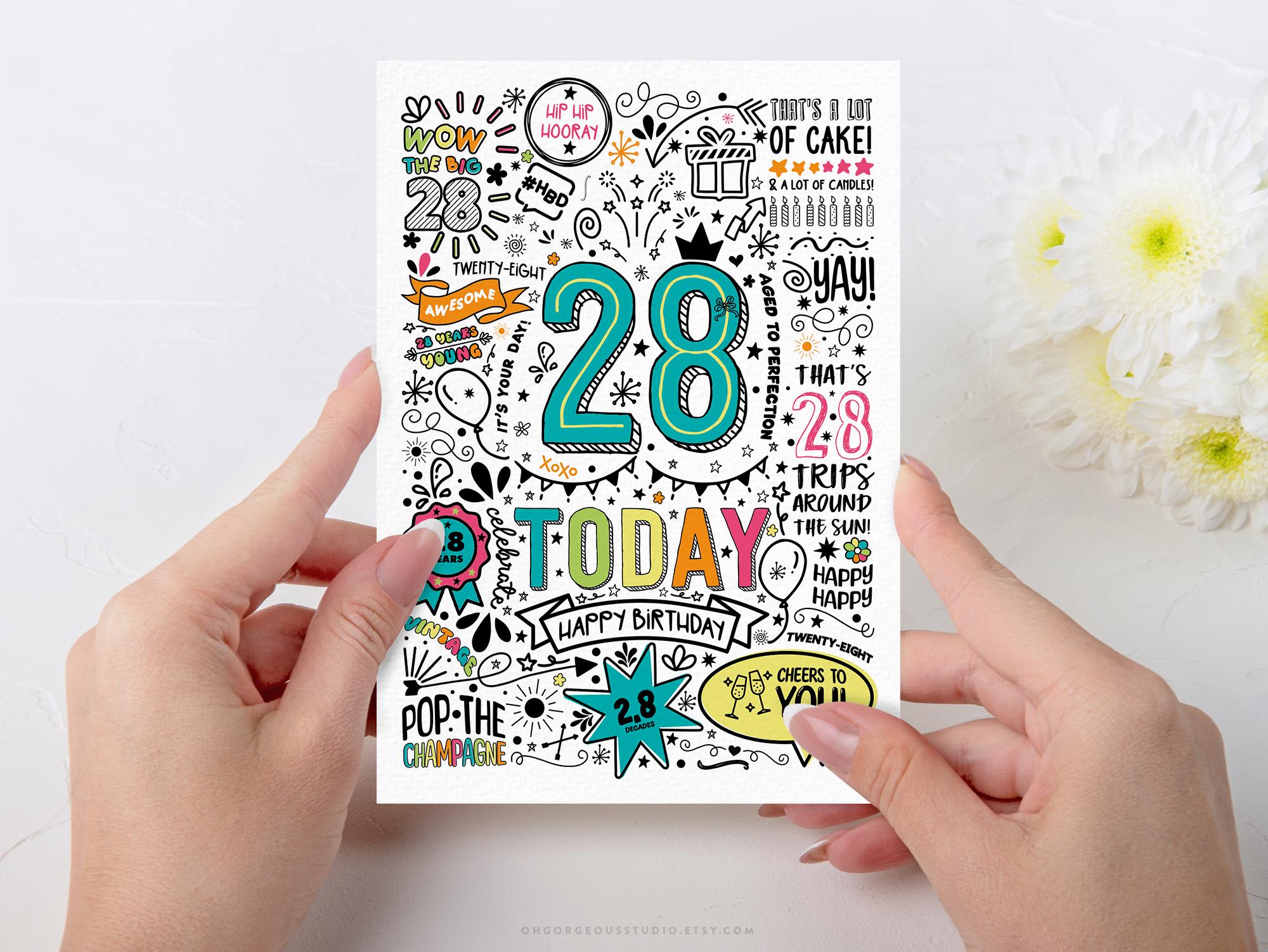28th Birthday Card: Doodle Style Printable (digital Download) - Etsy