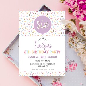 Pretty Sprinkles 6th Birthday Invitation | Pastel Coloured Sprinkles ...
