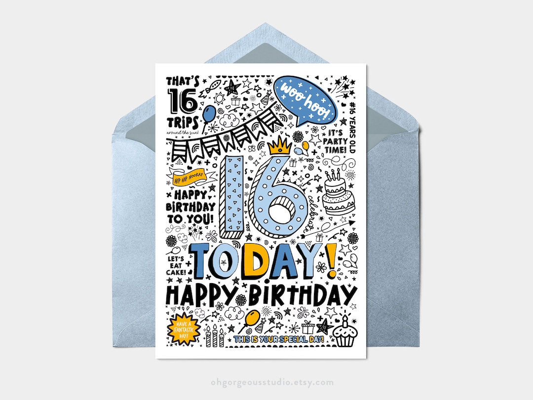 Printable 16th Birthday Card: Doodle Style (digital Download) - Etsy