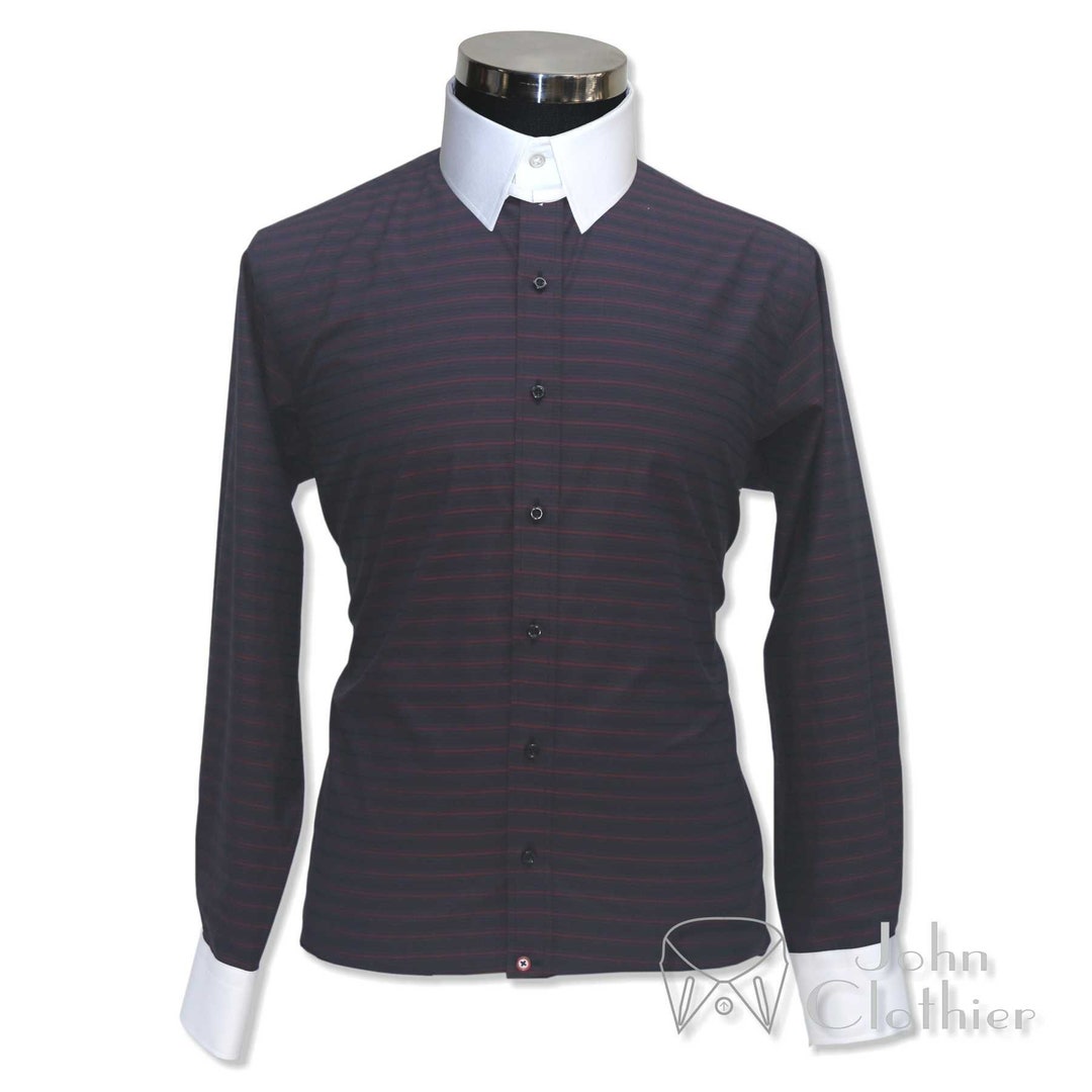 Snap Tab Collar Pure Cotton Maroon Red Wine Horizontal Stripes Formal ...