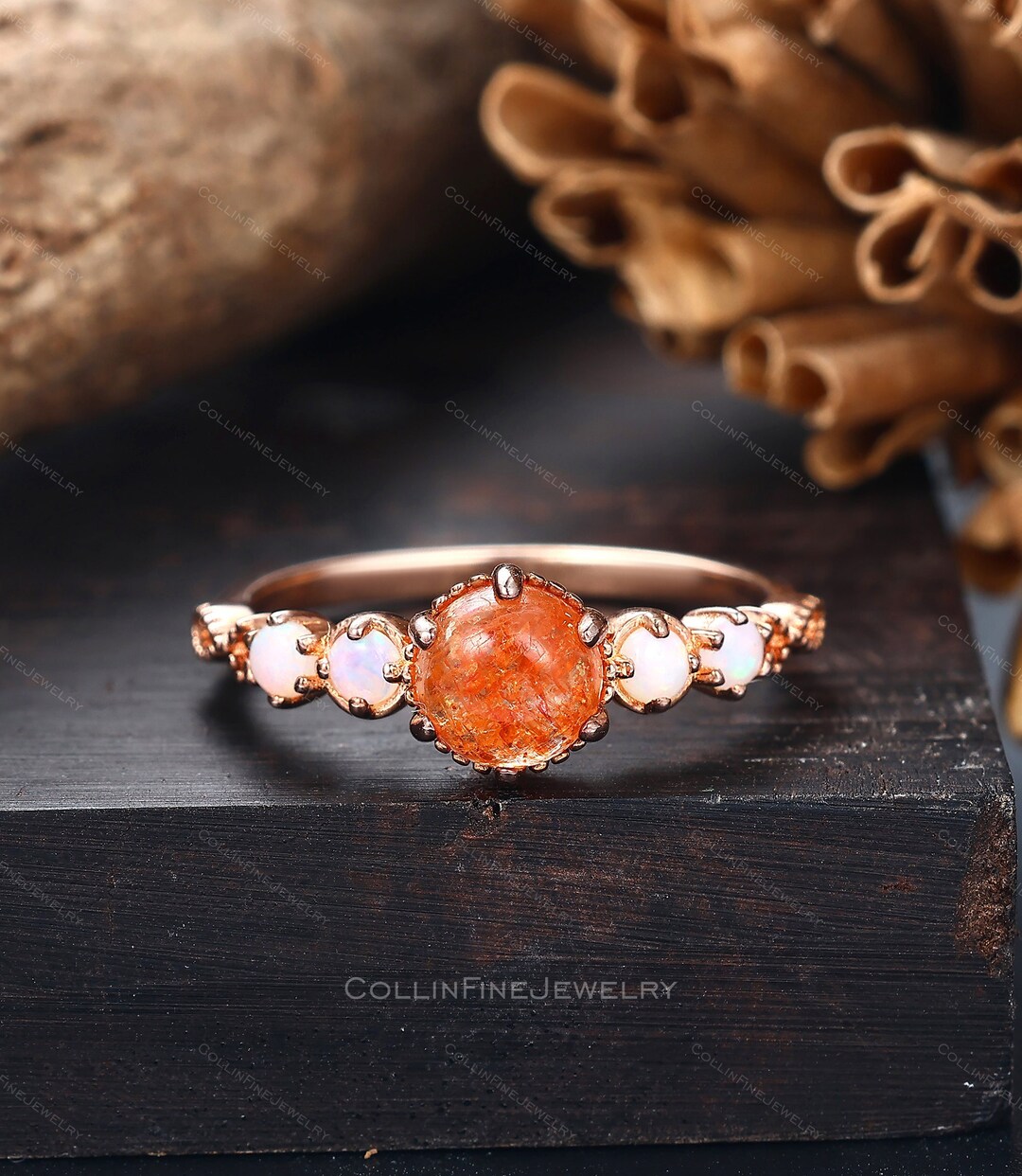 Vintage Round Sunstone Engagement Ring, Pink White Opal Wedding Ring ...