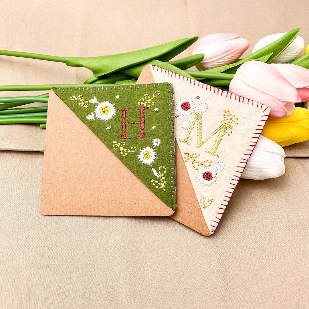 Personalized Hand Embroidered Corner Bookmark, Felt Triangle Page ...