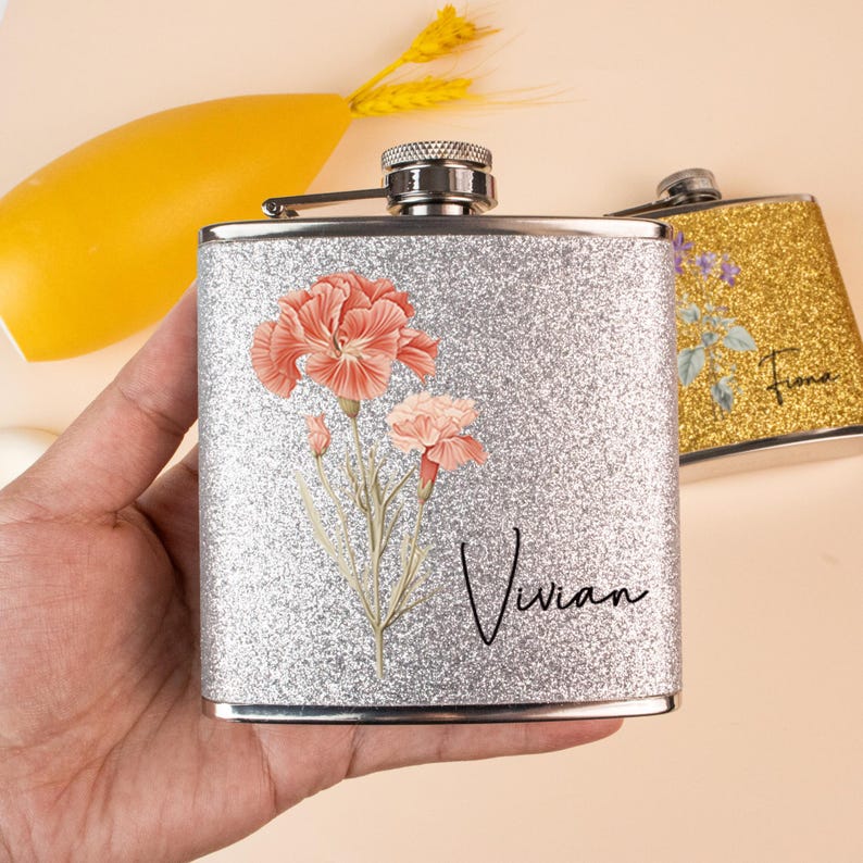 Custom Women's Glitter Flask, Personalized Bridesmaid Gift, Engraved ...