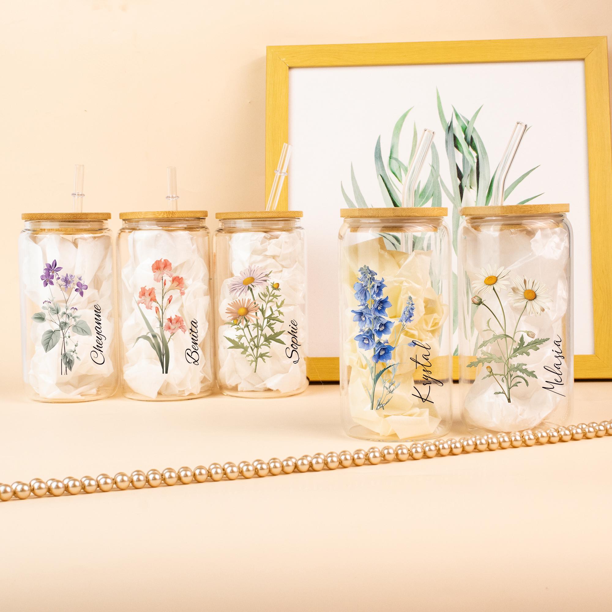 Personalized Birth Flower Coffee Cup With Name, Custom Glass Tumbler ...