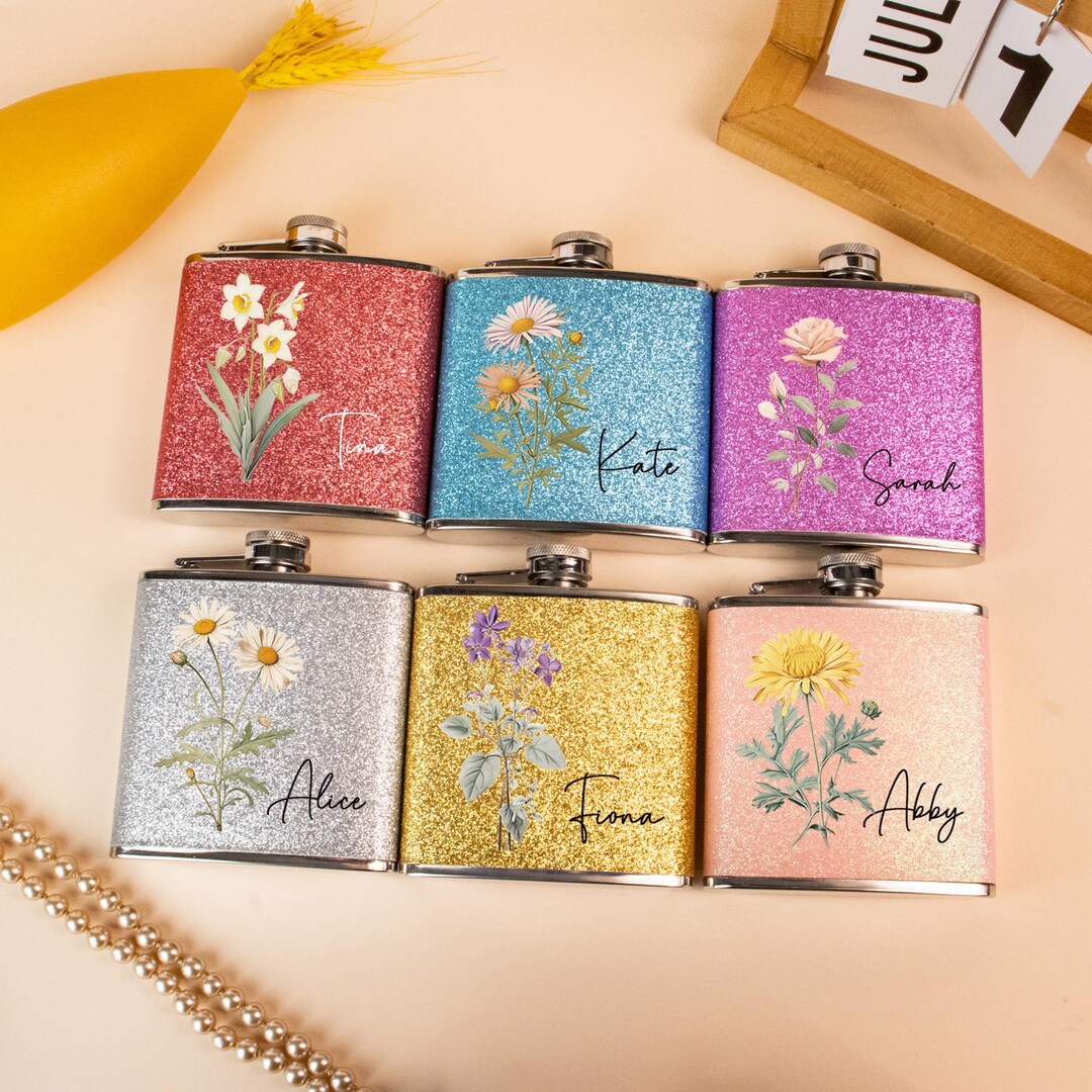 Personalized Birth Flower Flask, Glitter Stainless Steel 6 Oz Hip Flask ...