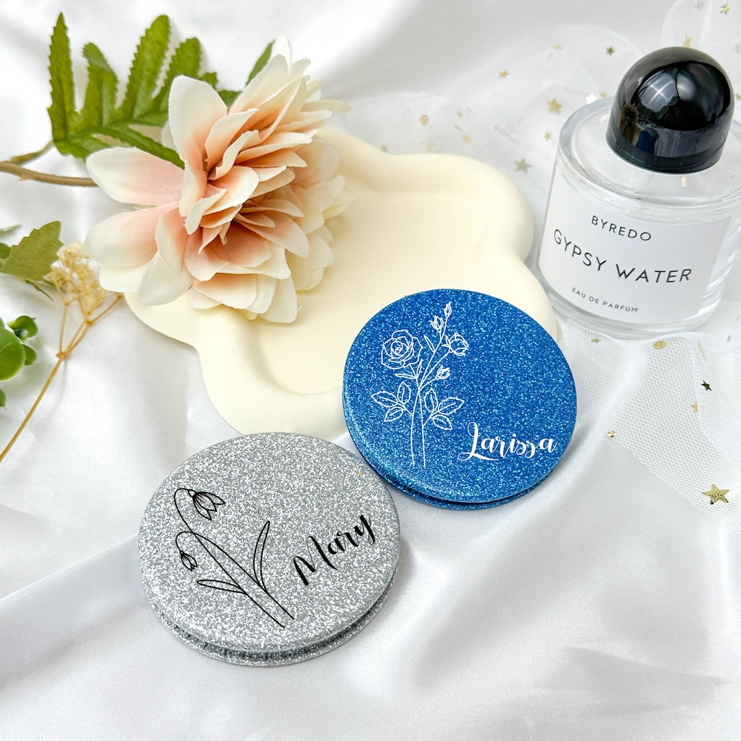 Personalized Engraved Glitter Compact Mirror Favor, Custom Pocket ...