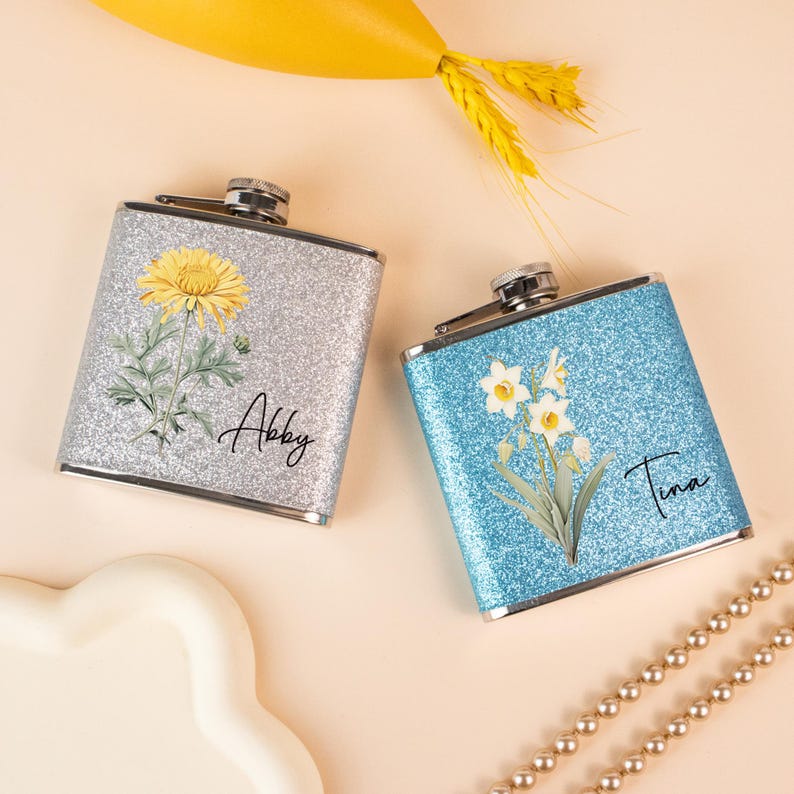Custom Women's Glitter Flask, Personalized Bridesmaid Gift, Engraved ...