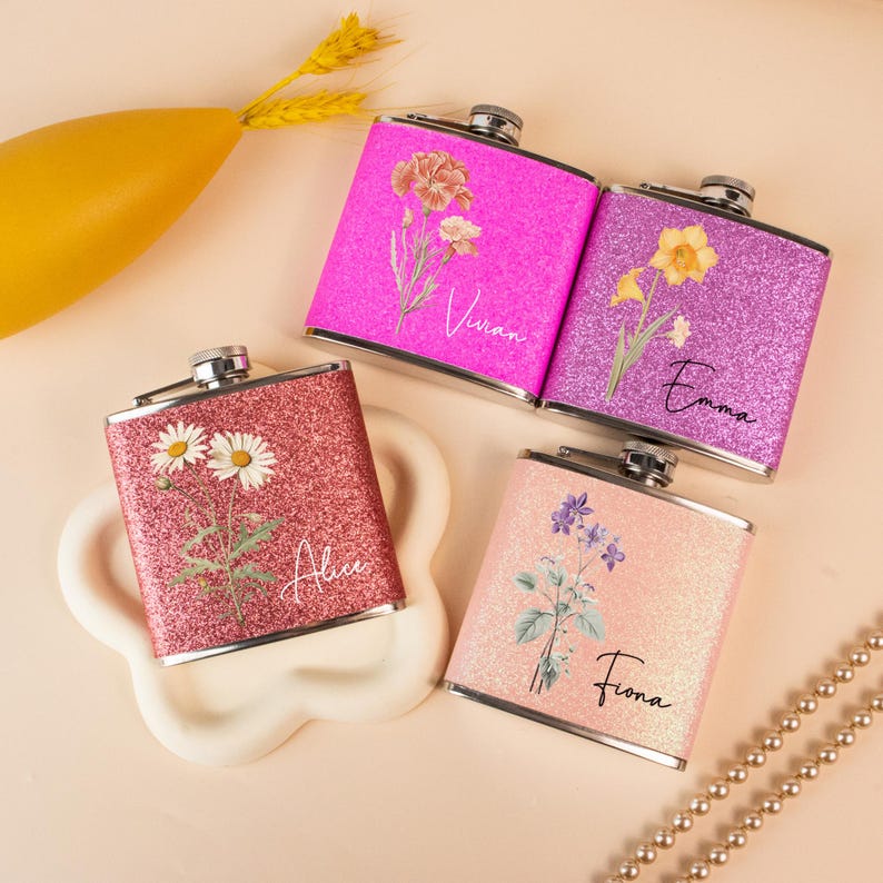 Custom Women's Glitter Flask, Personalized Bridesmaid Gift, Engraved ...