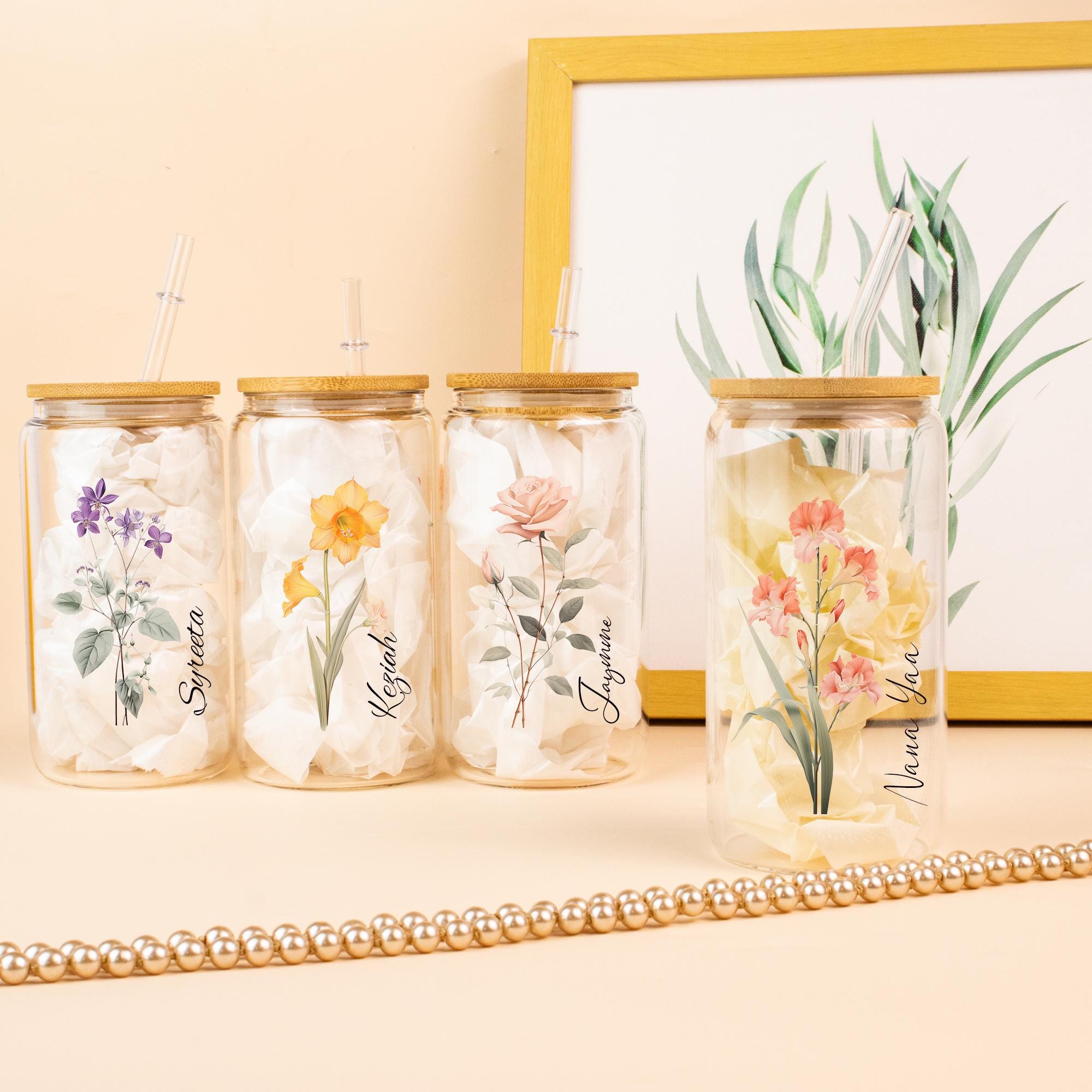 Personalized Birth Flower Coffee Cup With Name, Custom Glass Tumbler ...