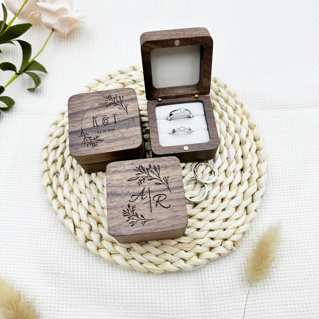 Personalized Wooden Wedding Engagement Ring Box, Custom Engraved Walnut Oak Ring Box ...