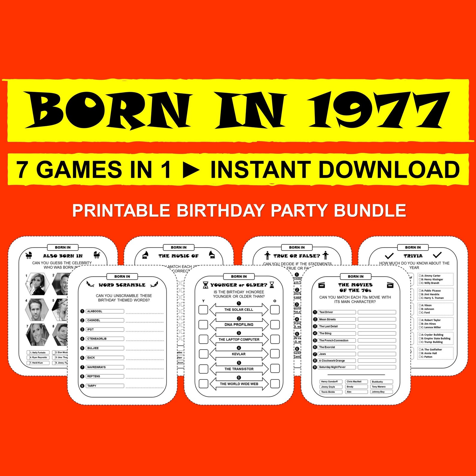 47th Birthday Games Born in 1977 Game Bundle Birthday Party Activities ...