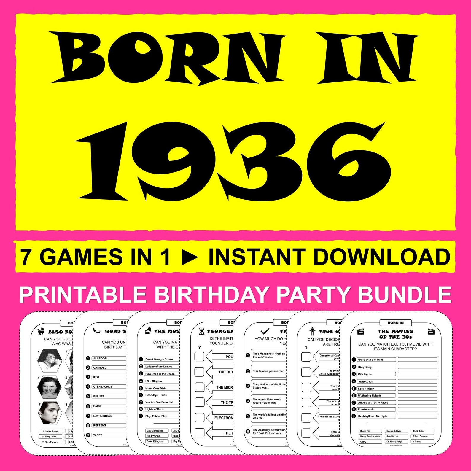 89th Birthday Games Born in 1936 Game Bundle Birthday Party Activities ...