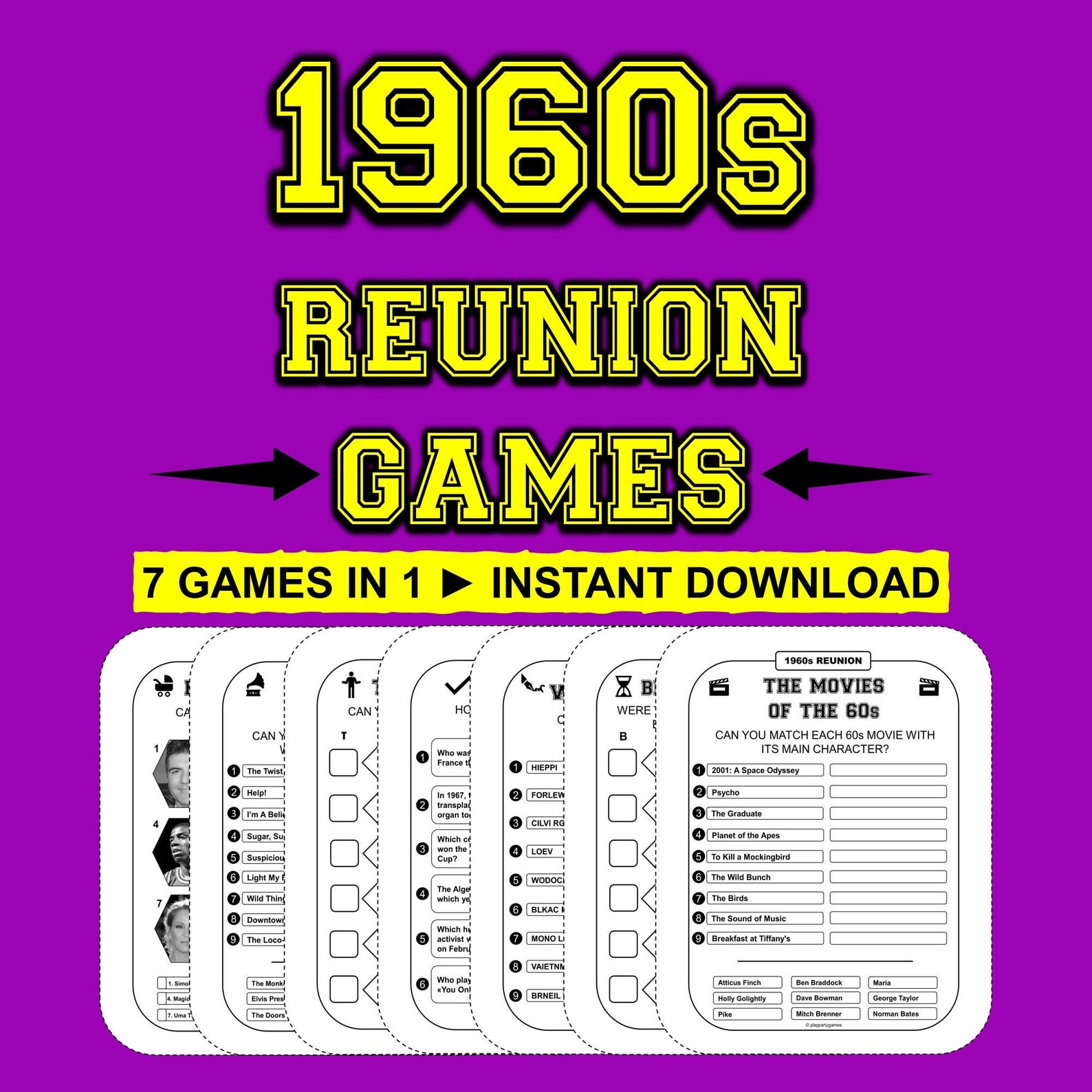 1960s Reunion Games Party Bundle Printable Games 60s Trivia 60s Quiz ...