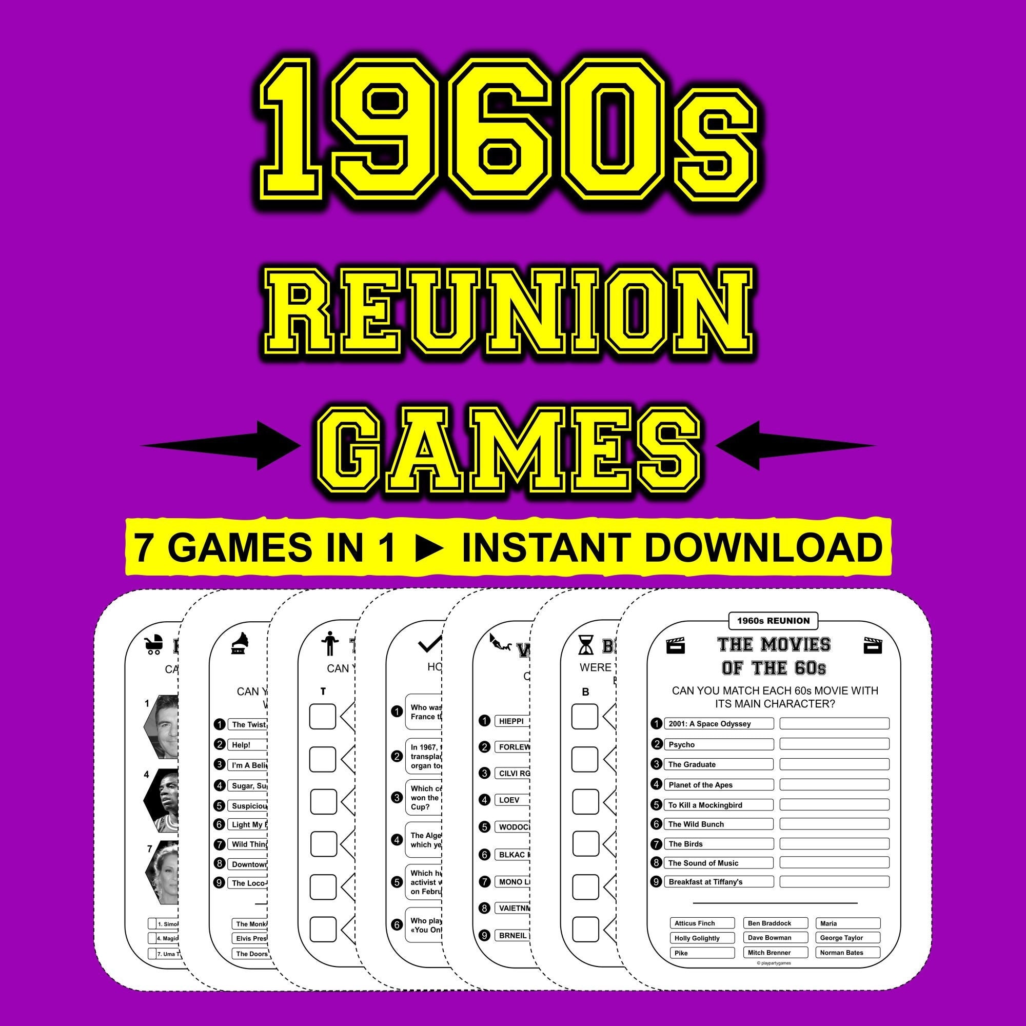 1960s Reunion Games Party Bundle Printable Games 60s Trivia 60s Quiz ...