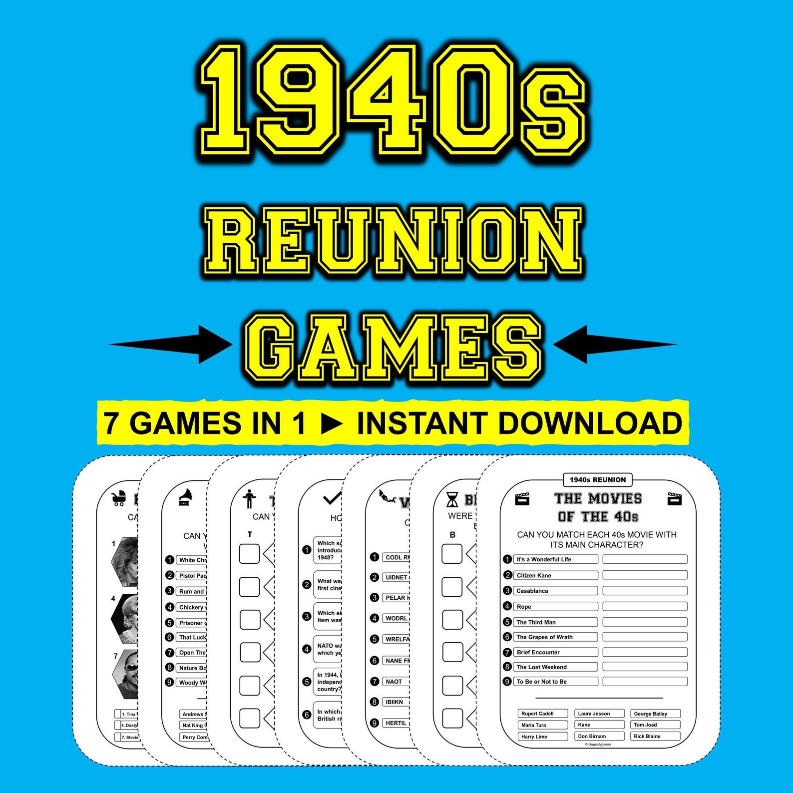1940s Reunion Games Party Bundle Printable Games 40s Trivia 40s Quiz ...