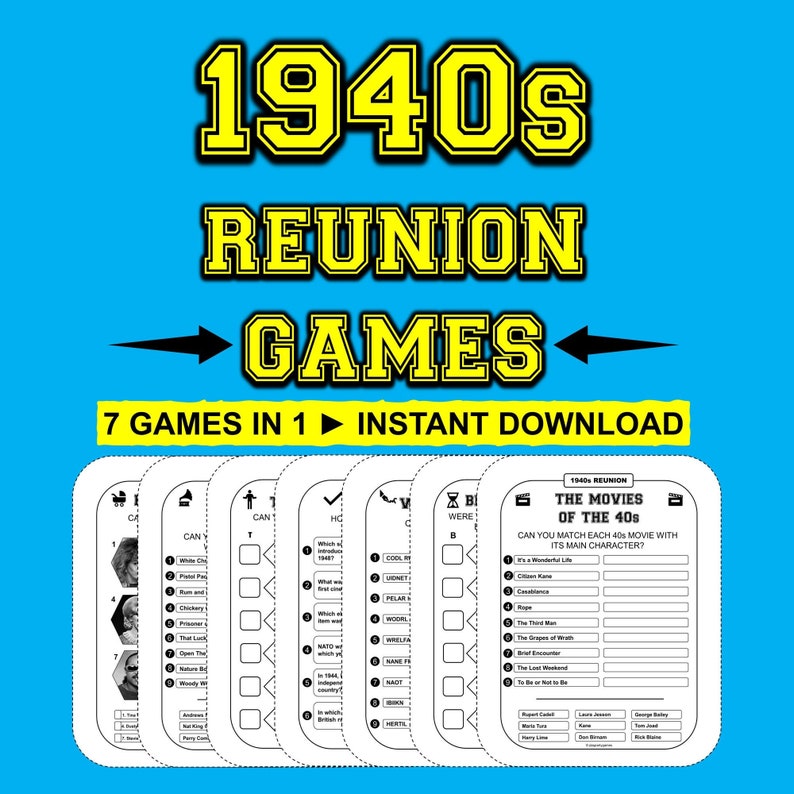 1940s Reunion Games Party Bundle Printable Games 40s Trivia 40s Quiz ...