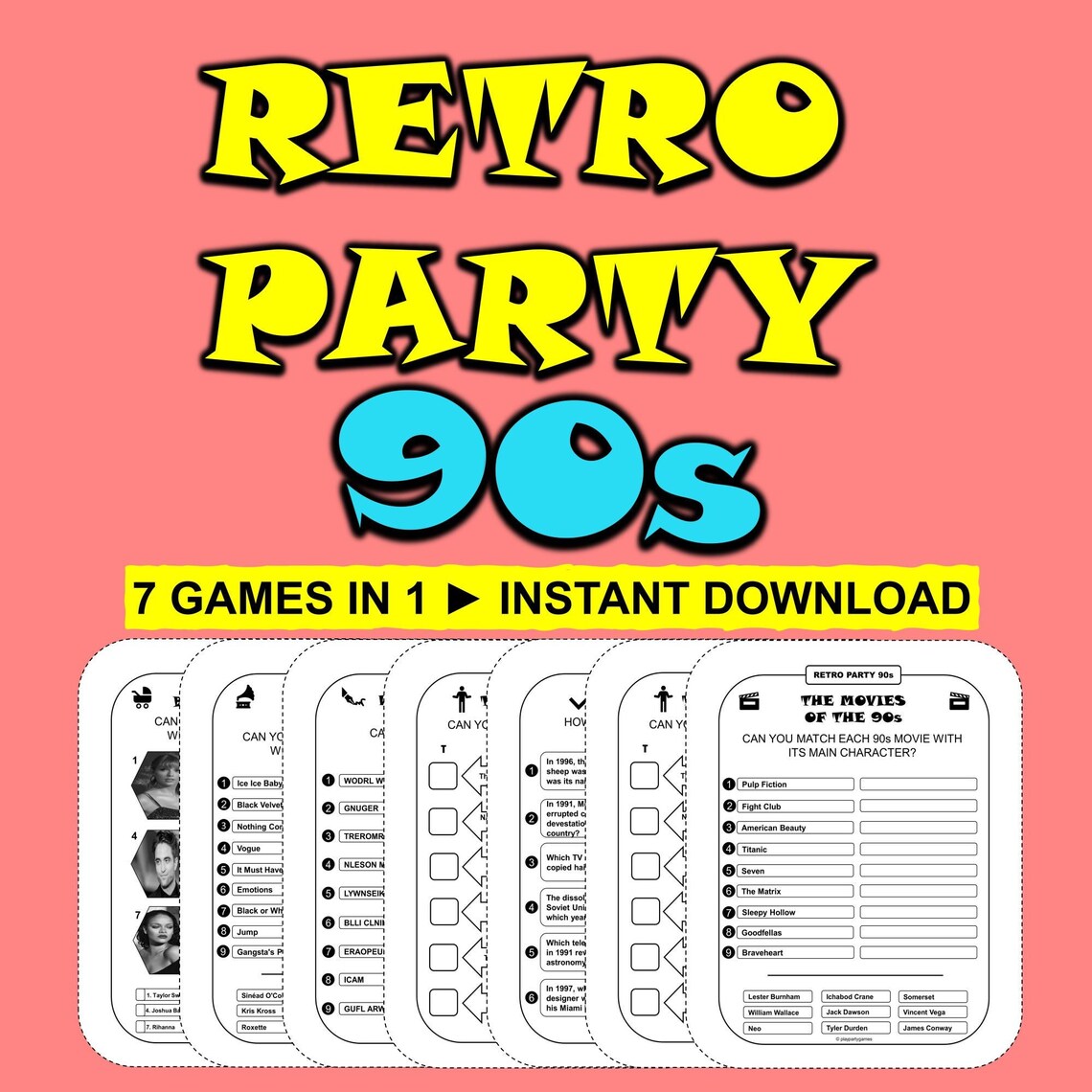 Retro Party Games 90s Party Games Bundle Printable Games 90s Trivia 90s ...