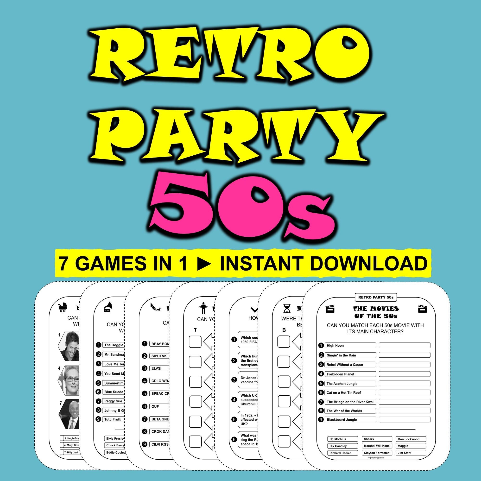 Retro 50s Party Games Bundle: Printable Trivia, Movie Match (instant ...