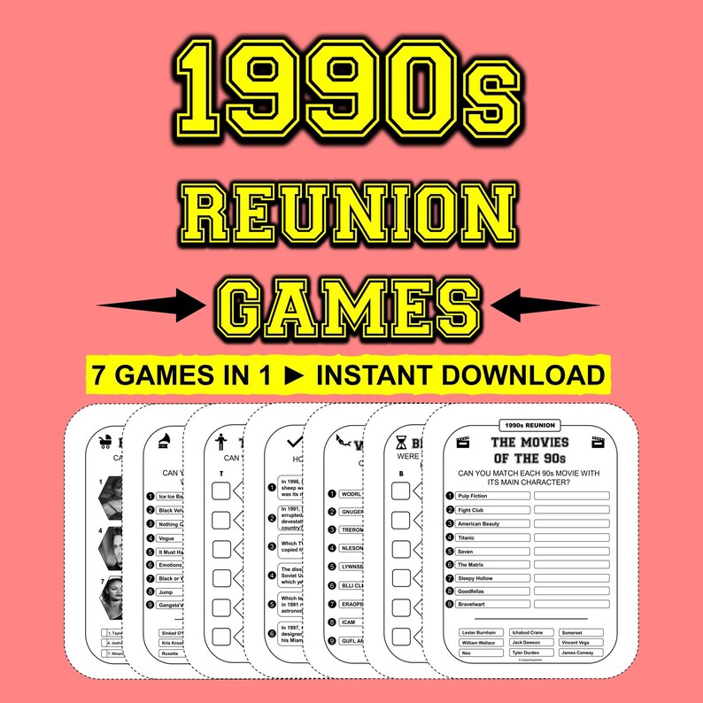 1990s Reunion Games Party Bundle Printable Games 90s Trivia 90s Quiz ...
