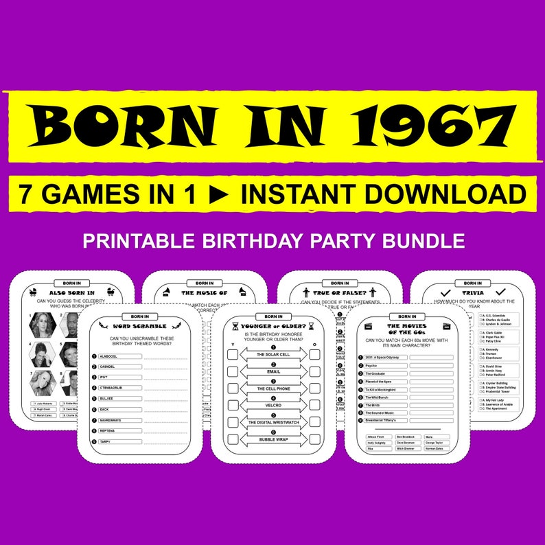 57th Birthday Games Born in 1967 Game Bundle Birthday Party Activities ...