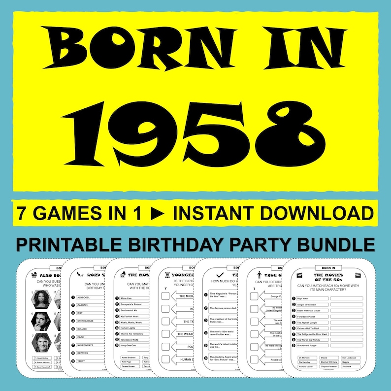 66th Birthday Party Games Born in 1958 Games Bundle Printable Games ...